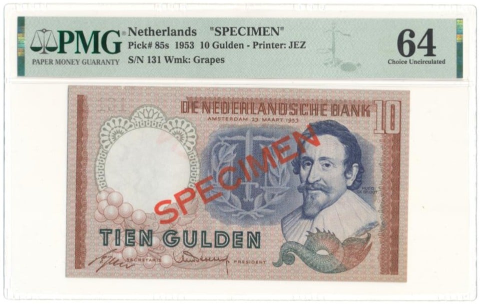 Nederland 10 gulden 1953 Hugo de Groot Specimen PMG64